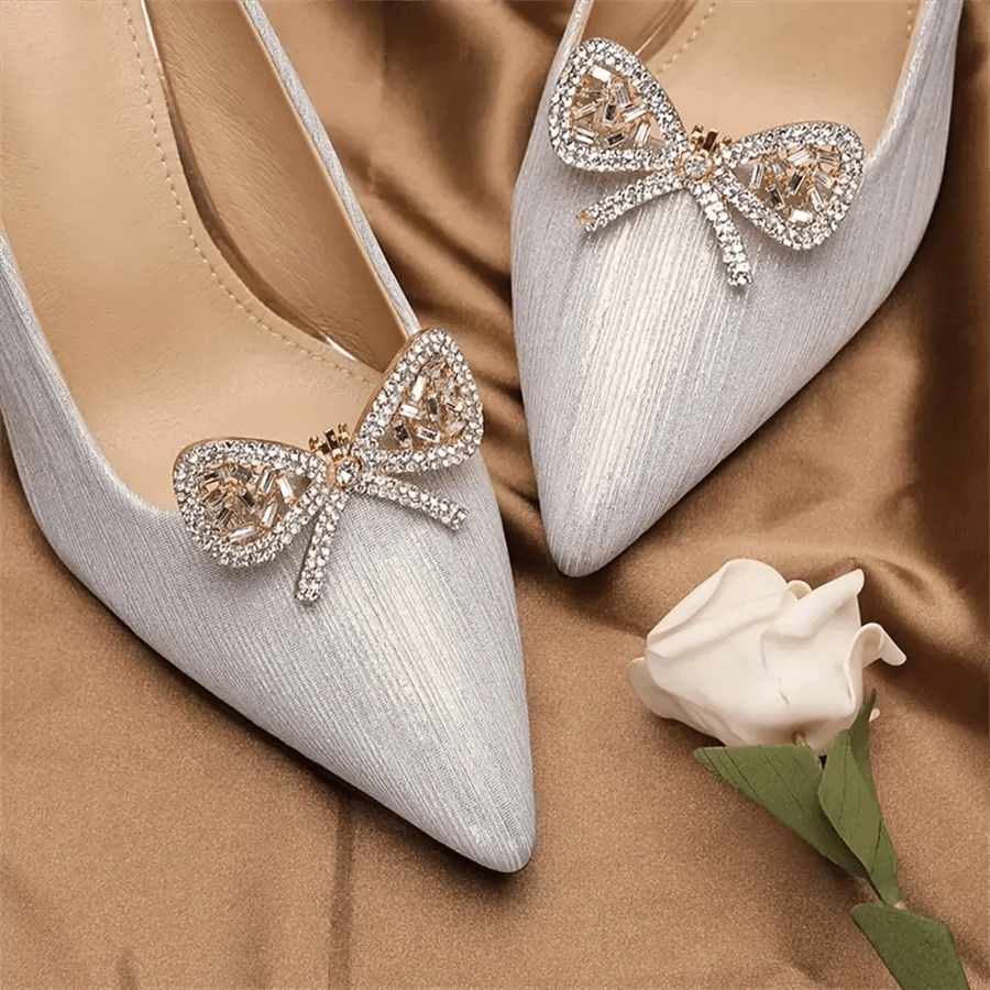 1 Pair (2pcs) White Rhinestone Gold-Tone Metal Bow Tie Shaped ...