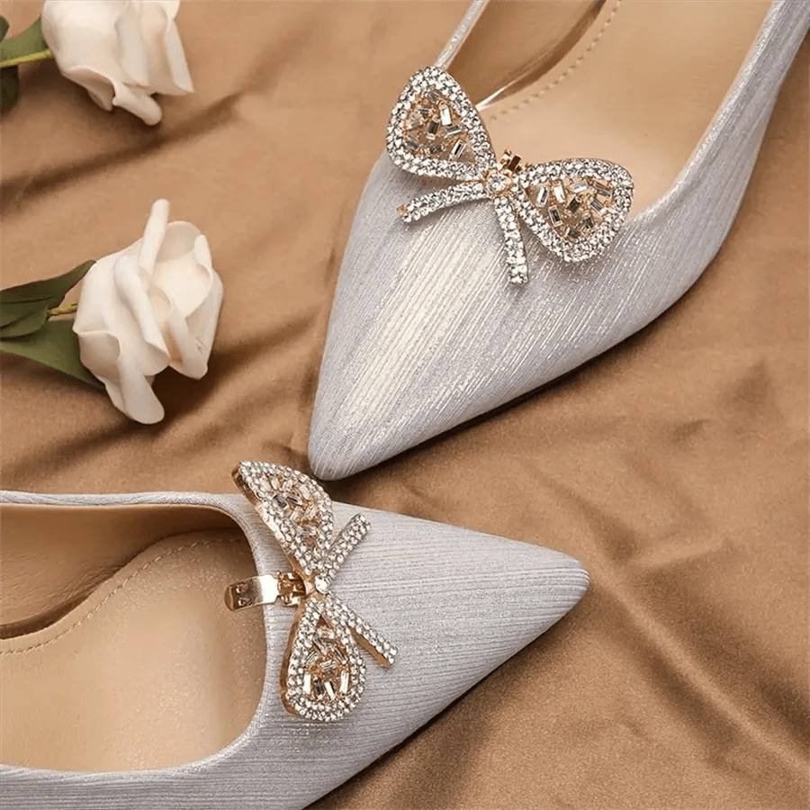 1 Pair (2pcs) White Rhinestone Gold-Tone Metal Bow Tie Shaped ...