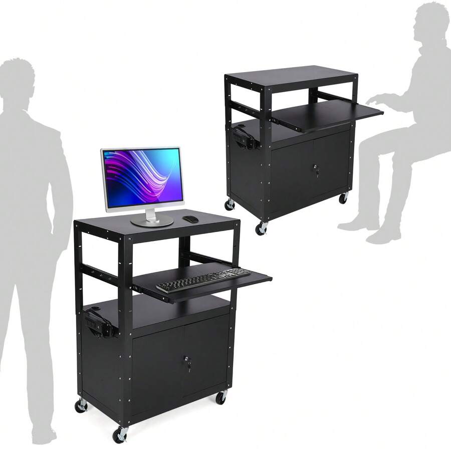 Rolling AV Cart With Locking Cabinet, Laptop Stand, Height Adjustable ...