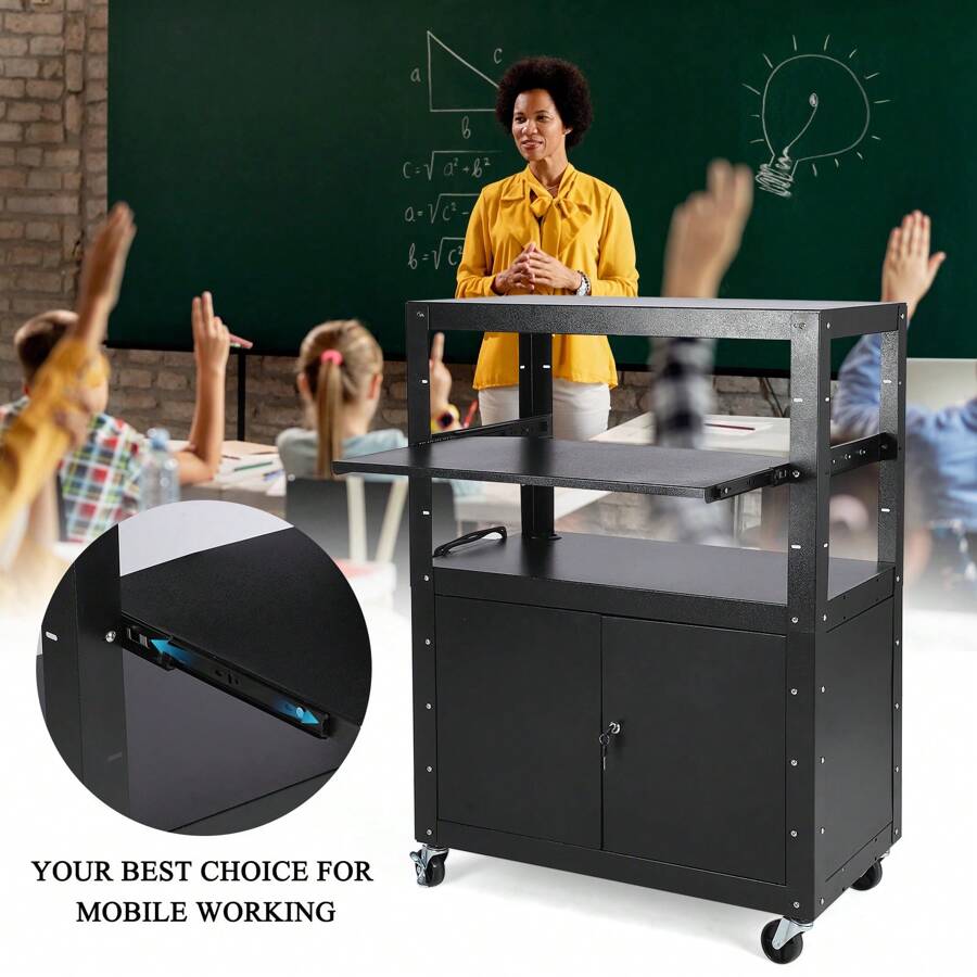 Rolling AV Cart With Locking Cabinet, Laptop Stand, Height Adjustable ...