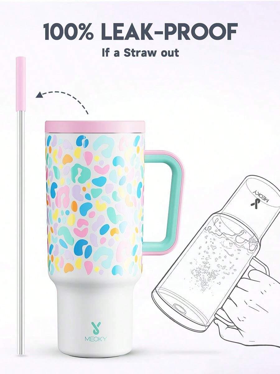 Meoky แก้วเก็บอุณหภูมิ 40 ออนซ์/1.2 ลิตร พร้อมด้ามจับและหลอด, แก้วเก็บ ...