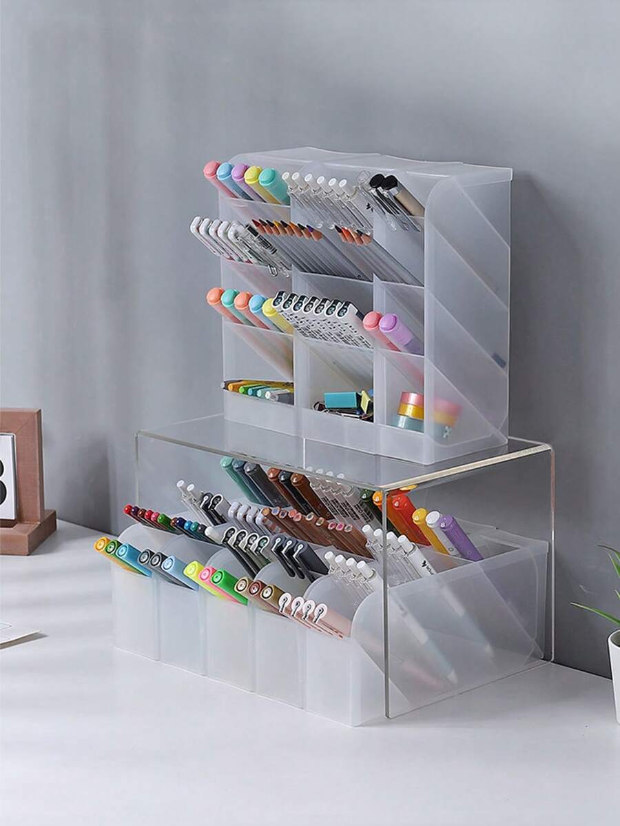 1pc Transparent Desk Storage Box, Frosted & Minimalist Sloping Pencil ...