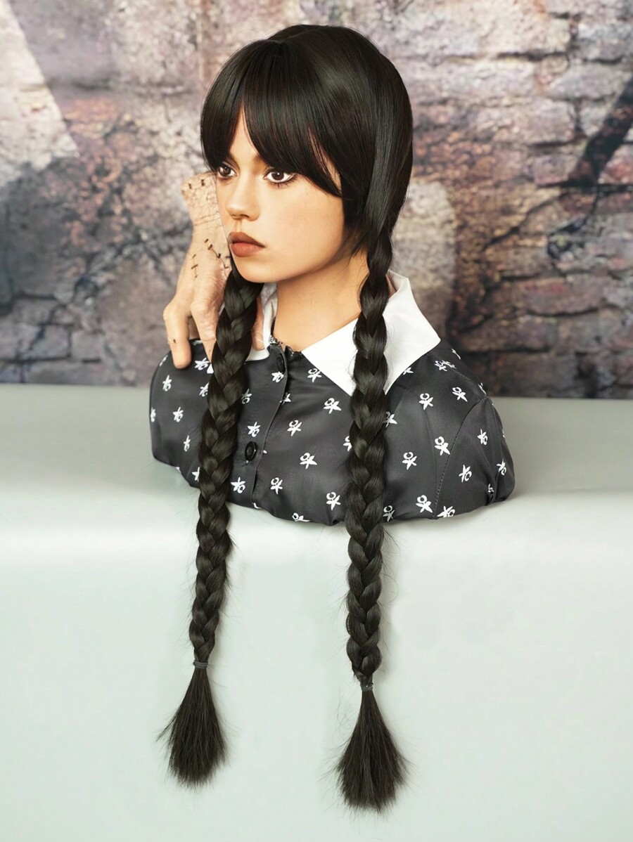 7JHHWIGS Synthetic Costume Wig 28'' Black Long Braided Wig With Bangs ...