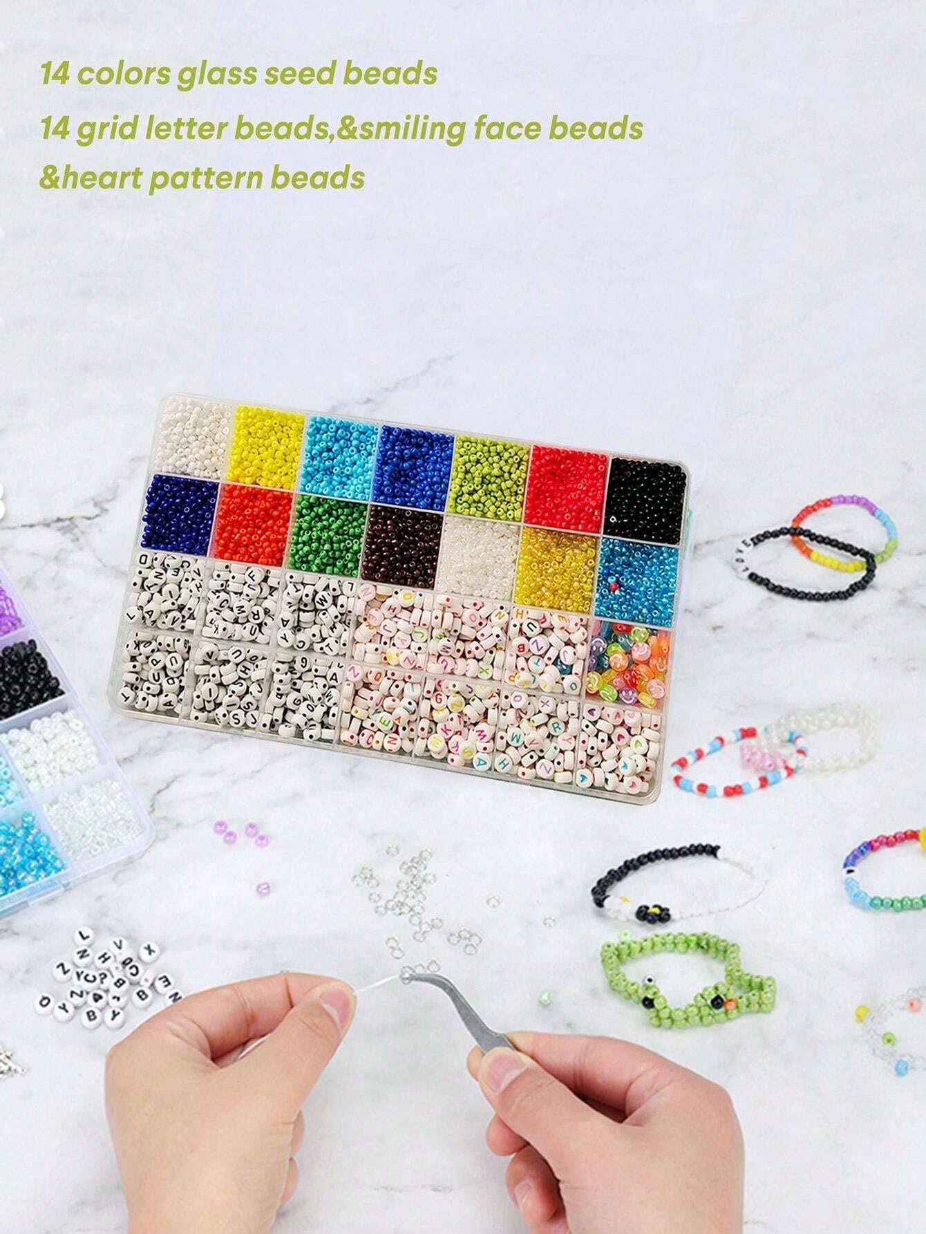 14 Colors 3mm Glass Seed Bead, 14 Grids Acrylic Letter&Smiling Face ...