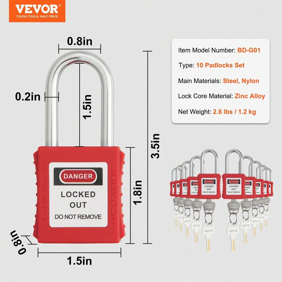 VEVOR Lockout Tagout Locks Set 10 PCS Red Safety Lockout Padlocks With ...