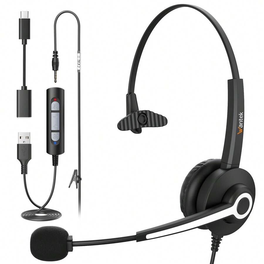Wantek Monaural Wired USB Headset With Noise Cancelling Microphone And ...