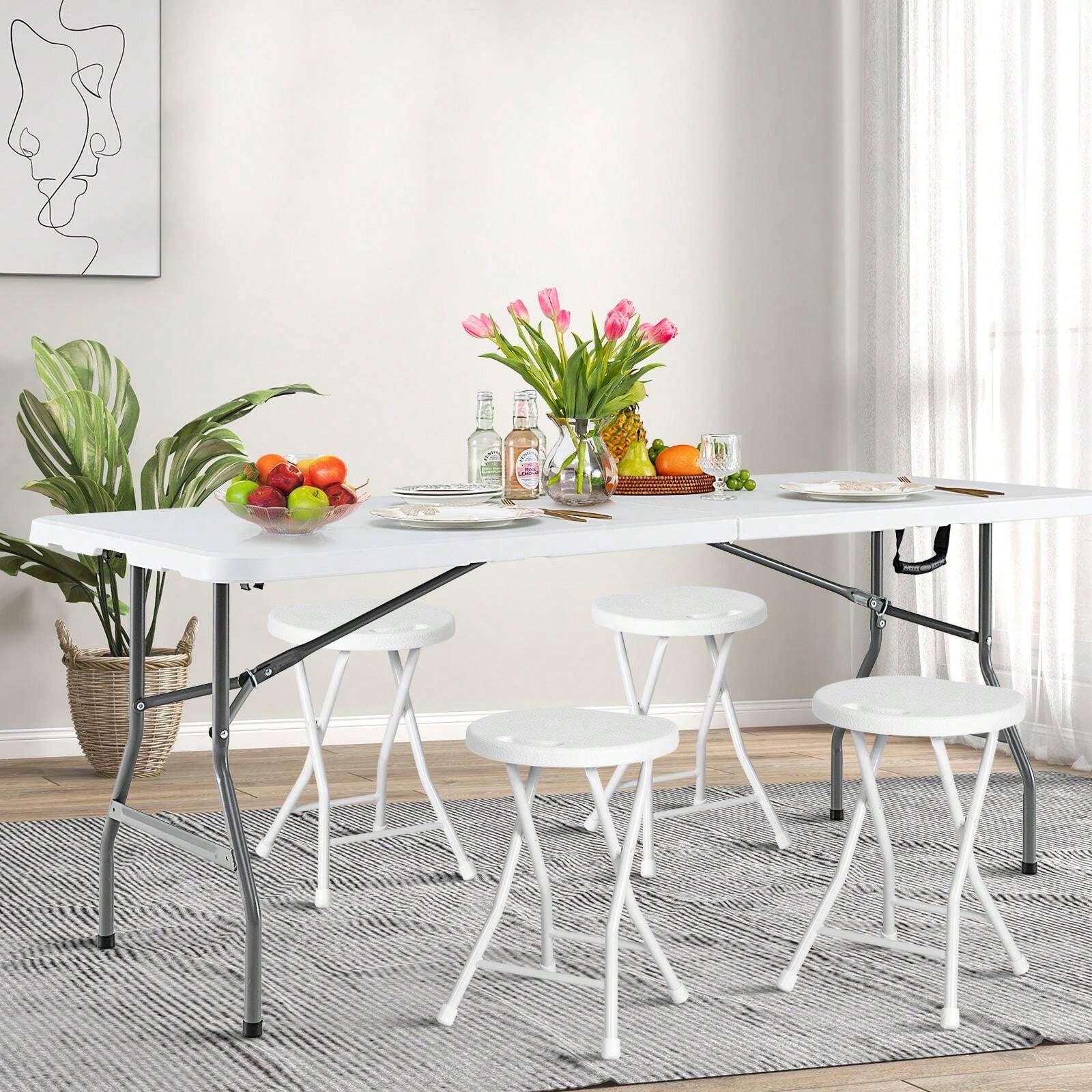 180 CM Folding Dining Table, Heavy-Duty Plastic Table W/ Handle, Metal ...