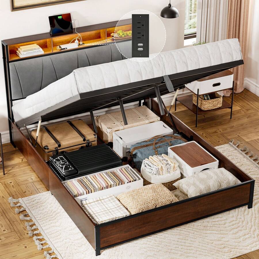 Lift Up Bed Frame Storage Platform Bed With Wingback Headboard ...