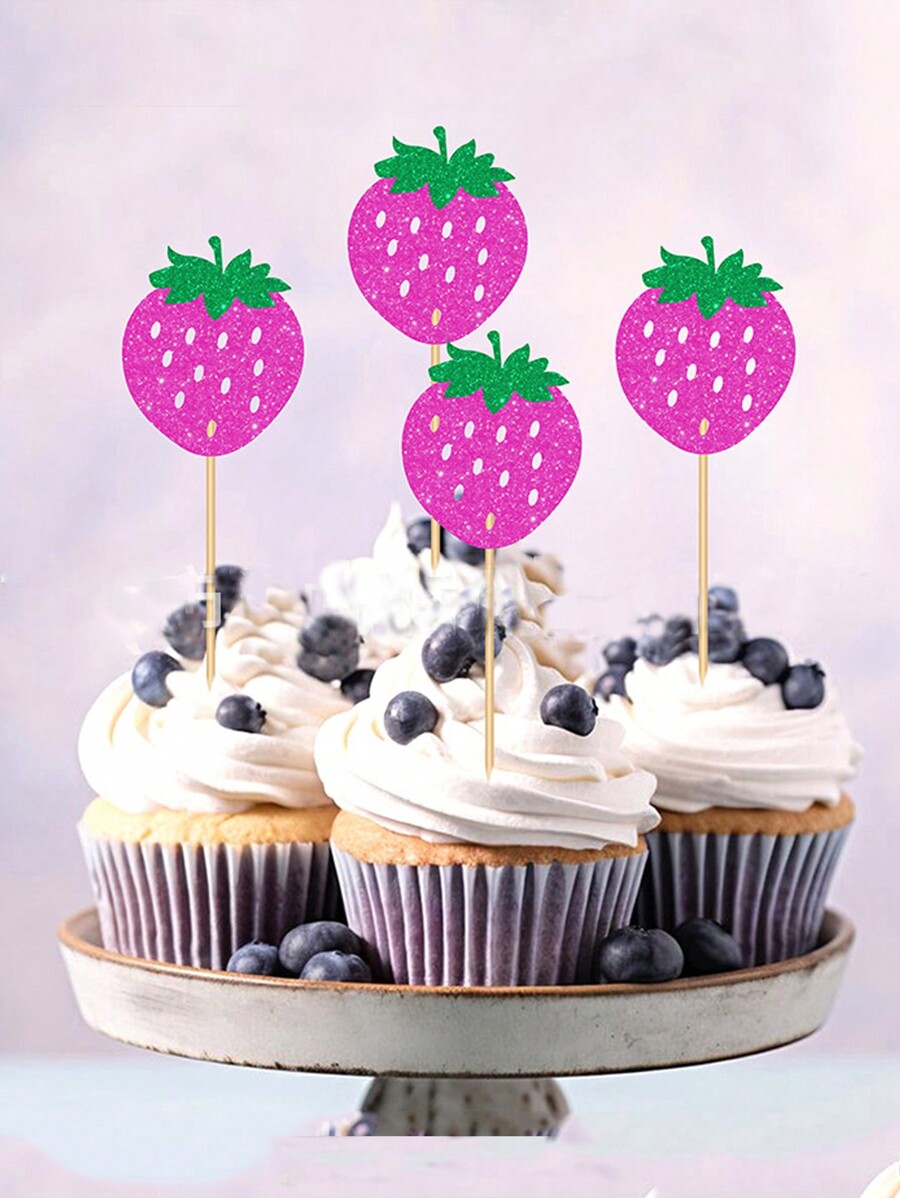 12pcs Strawberry Cupcake Toppers Red Glitter Fruit Theme Berry ...