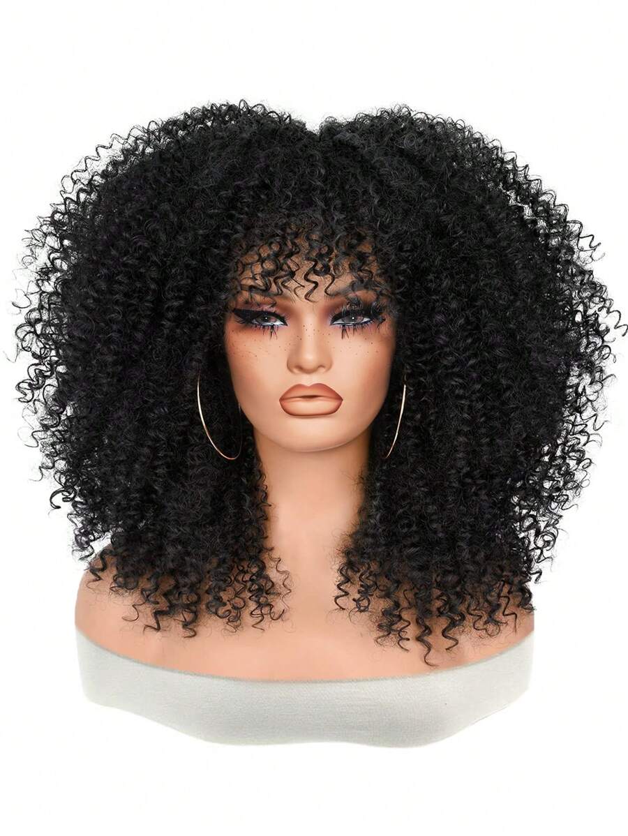 18 Inch Curly Wigs For Black Women Black Afro Bomb Curly Wig With Bangs ...