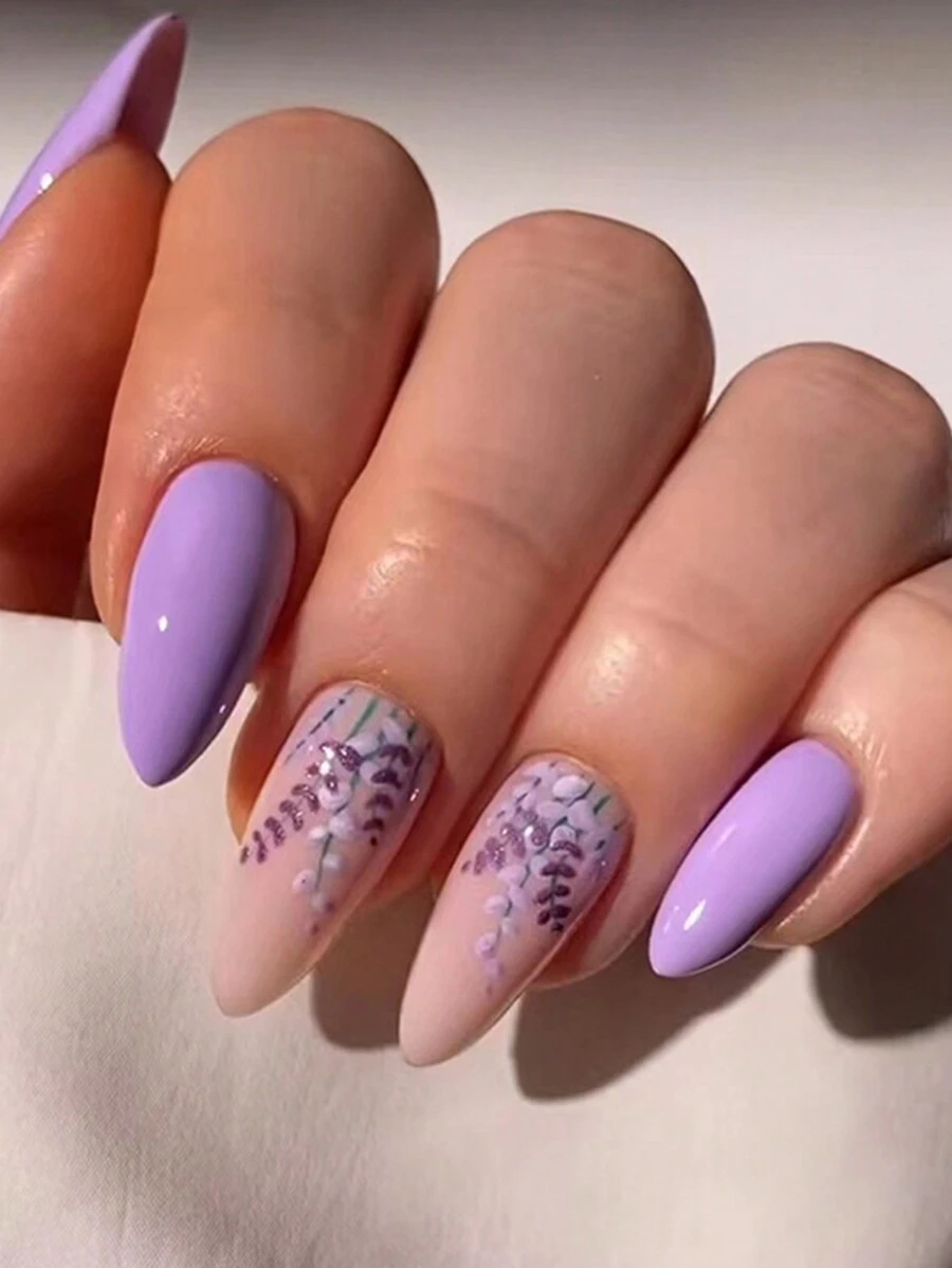 30pcs Lavender Purple Floral And Leaf Patterned Medium-Length Almond ...