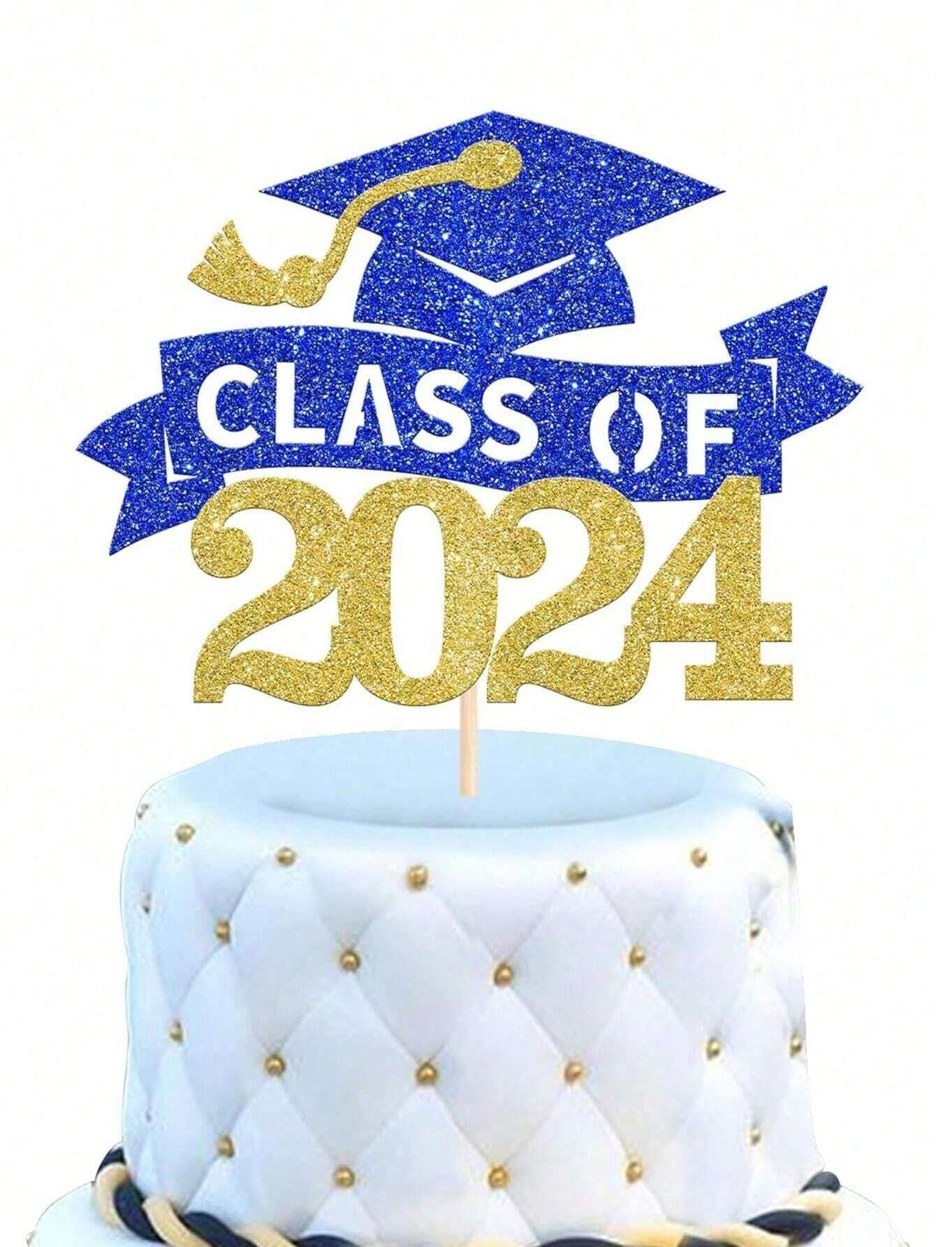 1 Piece 2024 Graduation Cake Topper, Gold And Blue Graduation Cap ...