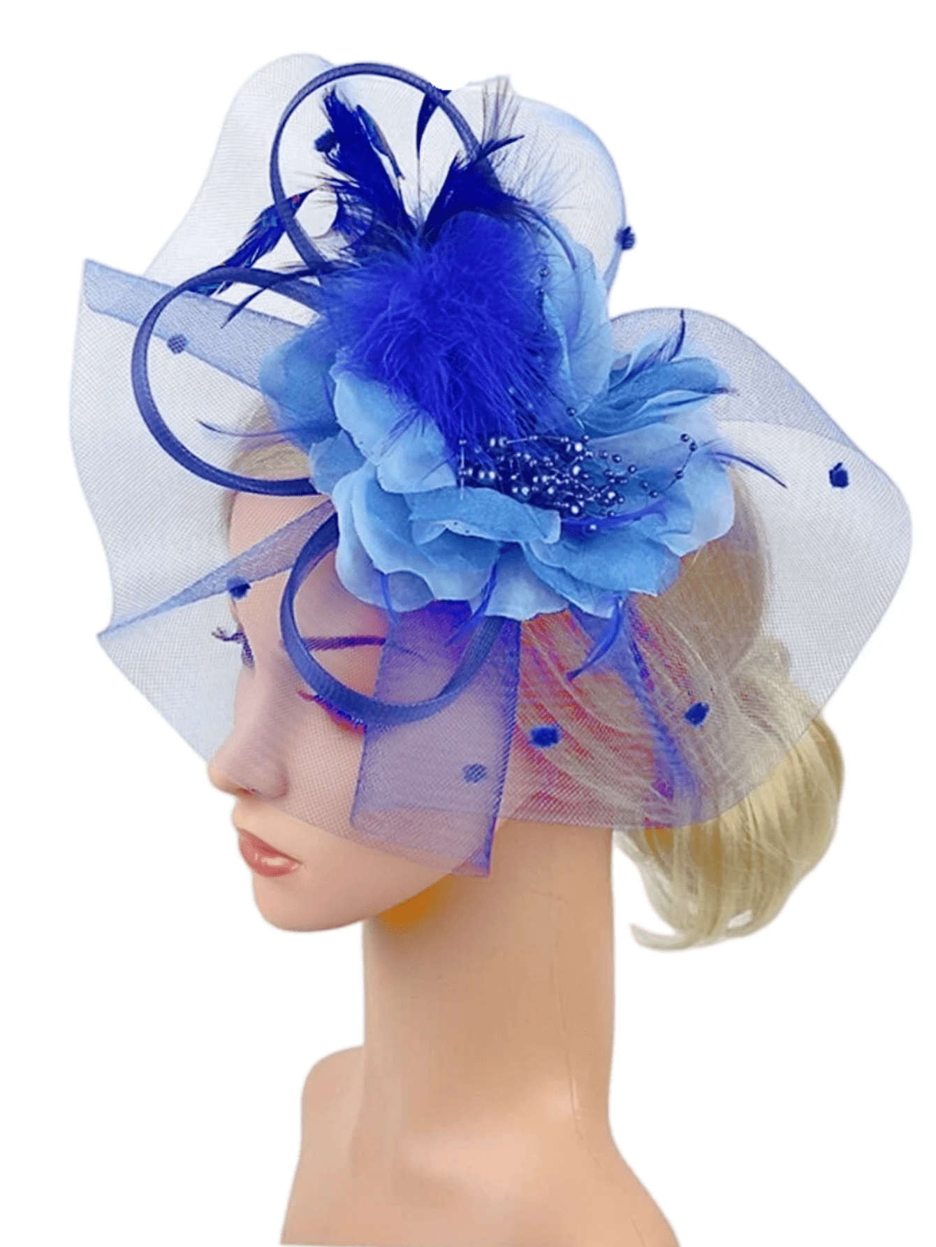 1pc Royal Blue Feather Netting Beaded Fascinator Hat For Women, Ideal ...