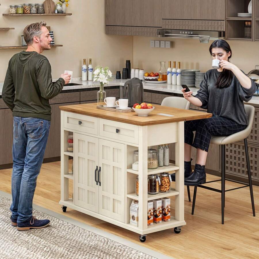 Wood Kitchen Island On Wheels With Power Outlets & Drop Leaf Rolling ...