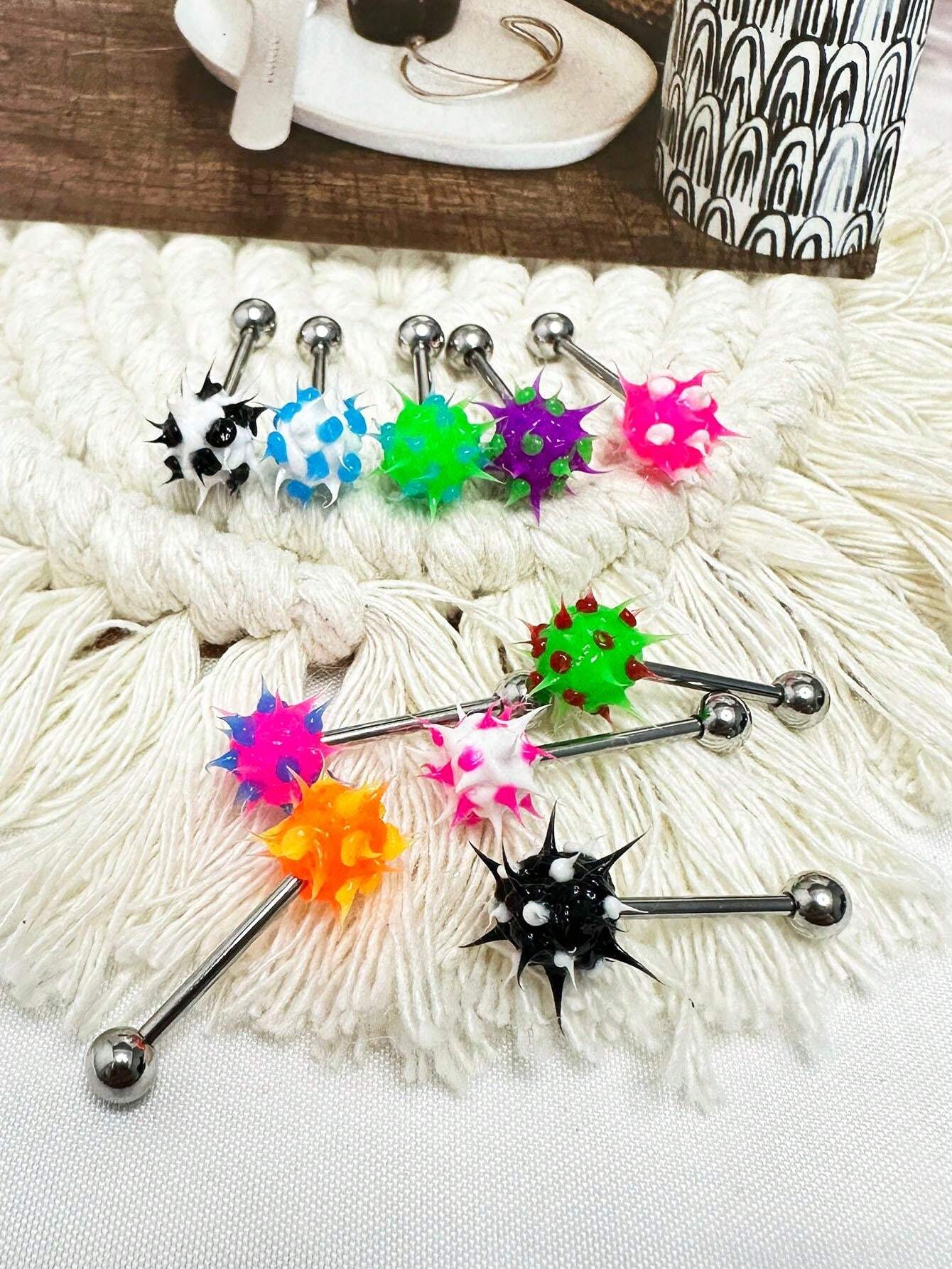 10pcs Rainbow Colored Silicone Hairball Tongue Piercings With Stainless ...