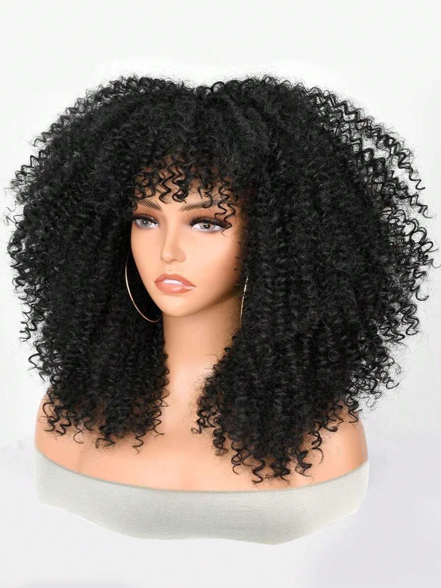 18 Inch Curly Wigs For Black Women Black Afro Bomb Curly Wig With Bangs ...