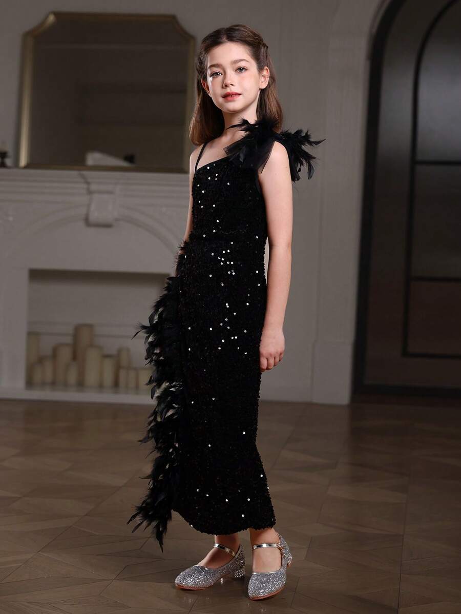 Tween Girl Gorgeous Slit Shoulder Feather & Glitter Splice Party Dress ...