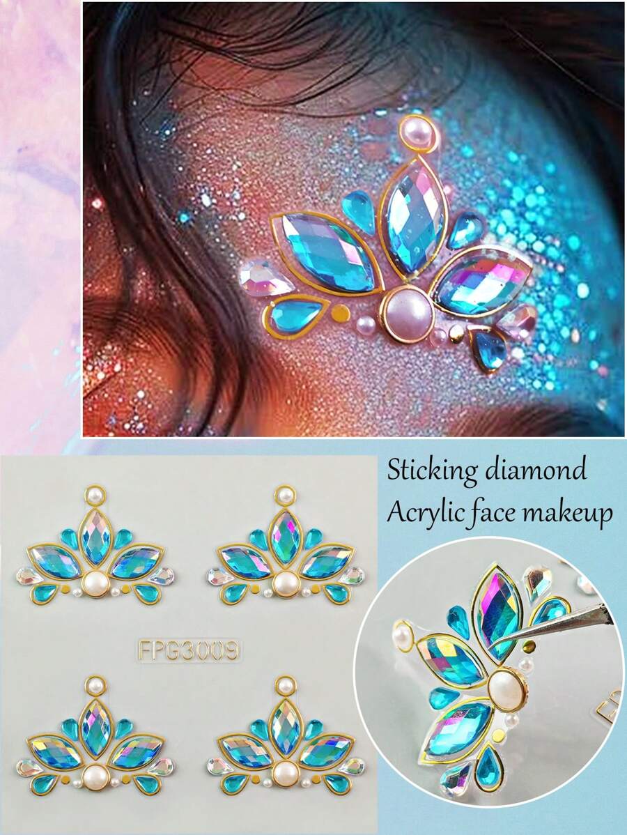1 Sheet 3D Bling Face Rhinestone Sticker Blue Acrylic Face Gem With ...