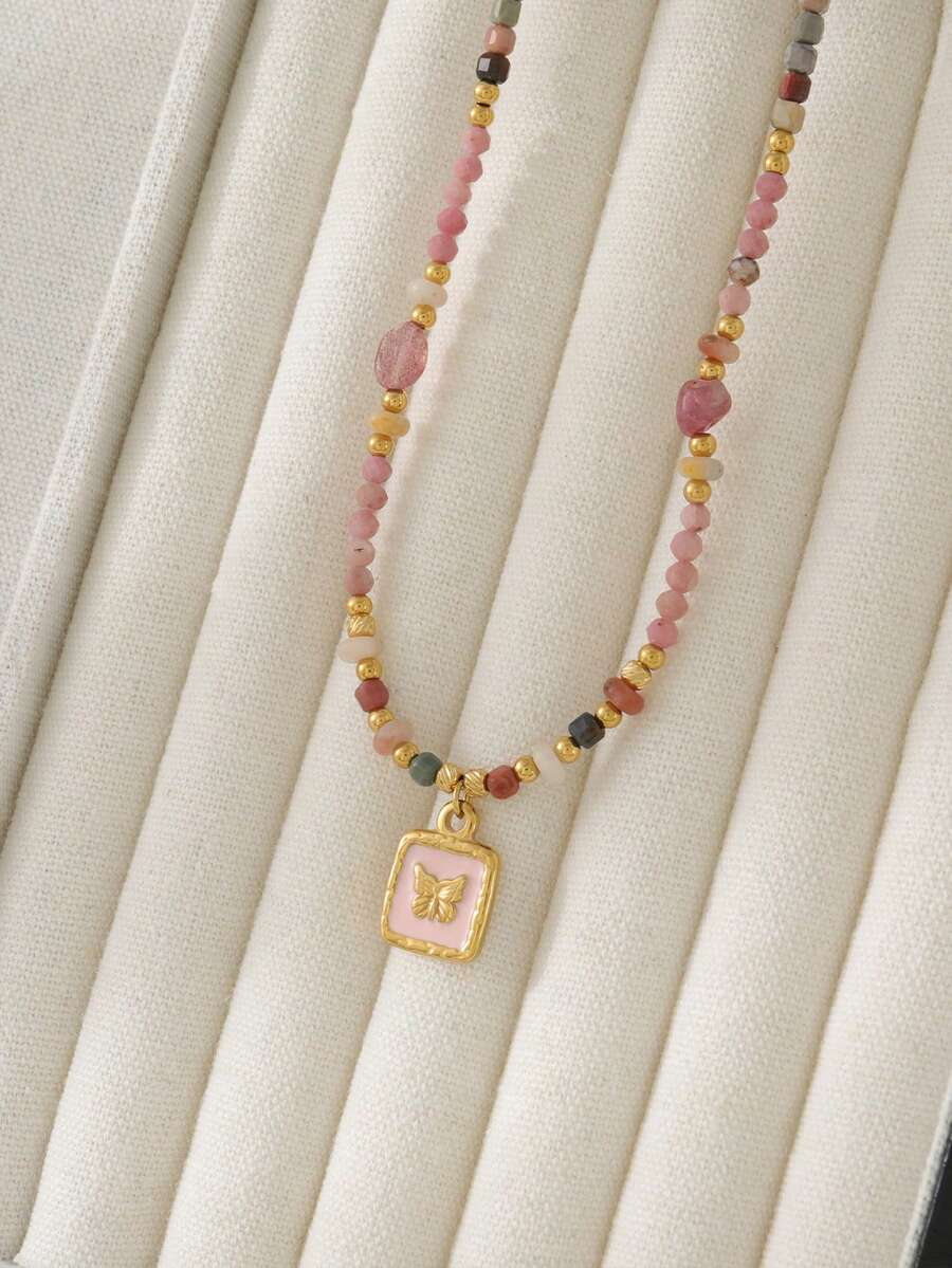 1pc French Pink Butterfly Pendant With Dopamine Red Agate And Alashan ...