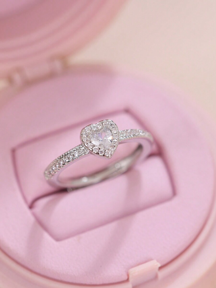 CVNANA 1pc Sweet Heart Cubic Zirconia Silver Ring, Gift For Her ...