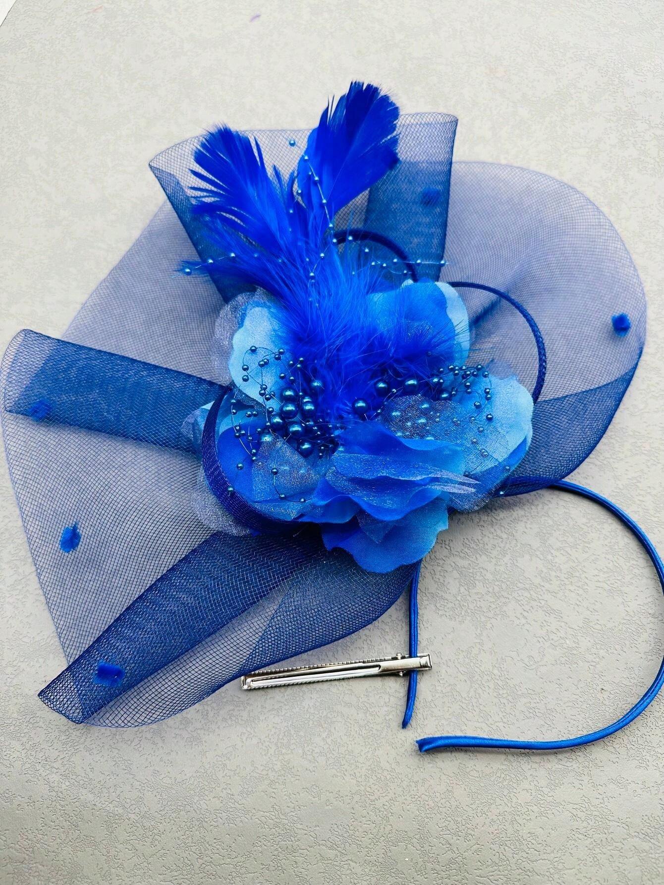1pc Royal Blue Feather Netting Beaded Fascinator Hat For Women, Ideal ...