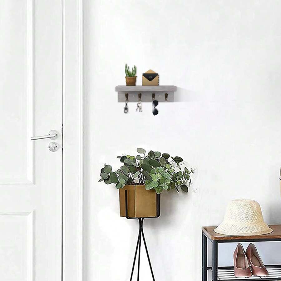 Rustic Key Holder For Wall, Farmhouse Wall Shelf With 4 Hooks, Wall ...