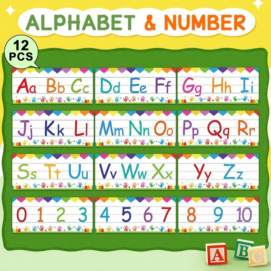12 Pcs Alphabet & Number Leaning Cards Bulletin Board Strips Set Wall ...