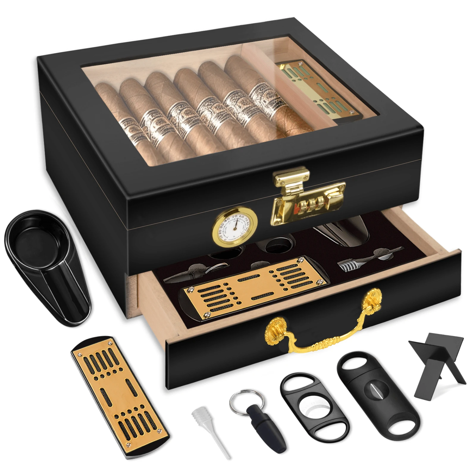 Lockable Cigar Humidor | Cedar Lined Glass Top Cigar Humidor | Front ...