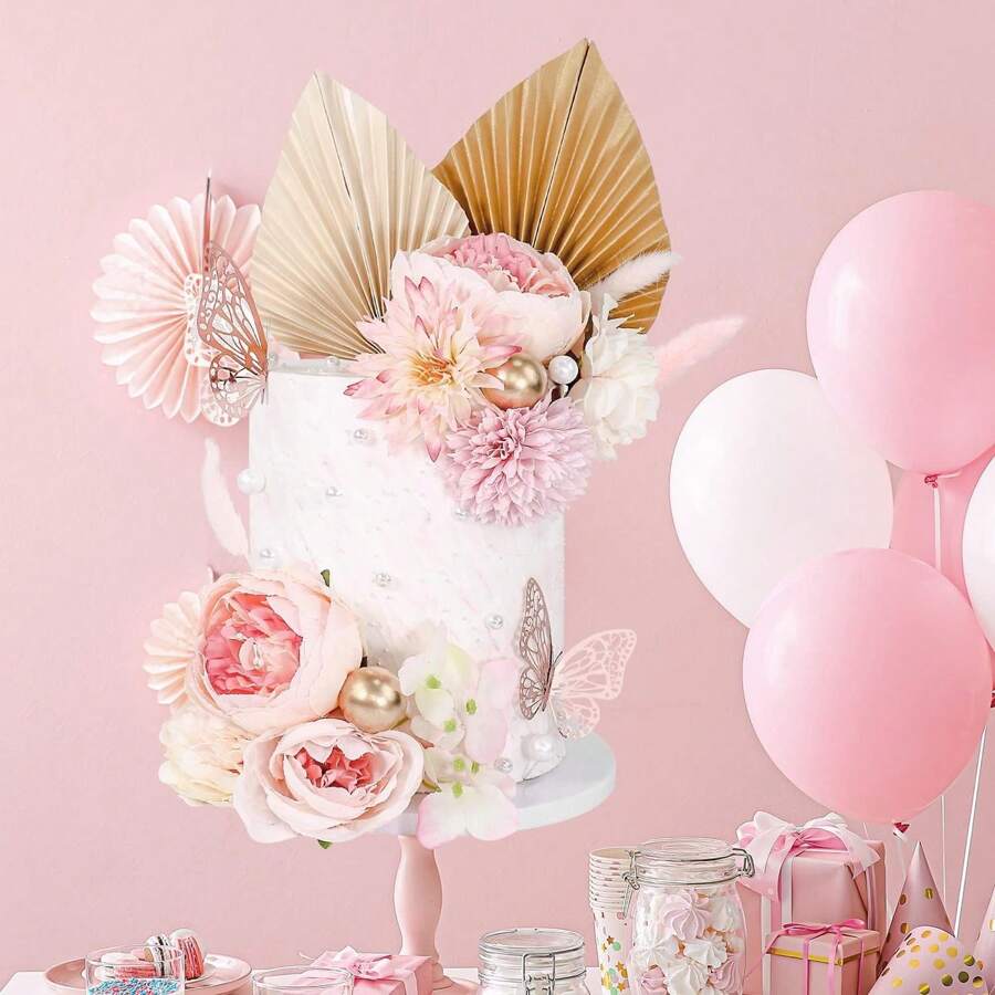 22 PCS Boho Cake Topper Flower Cake Toppers Flower Palm Leaves Faux ...