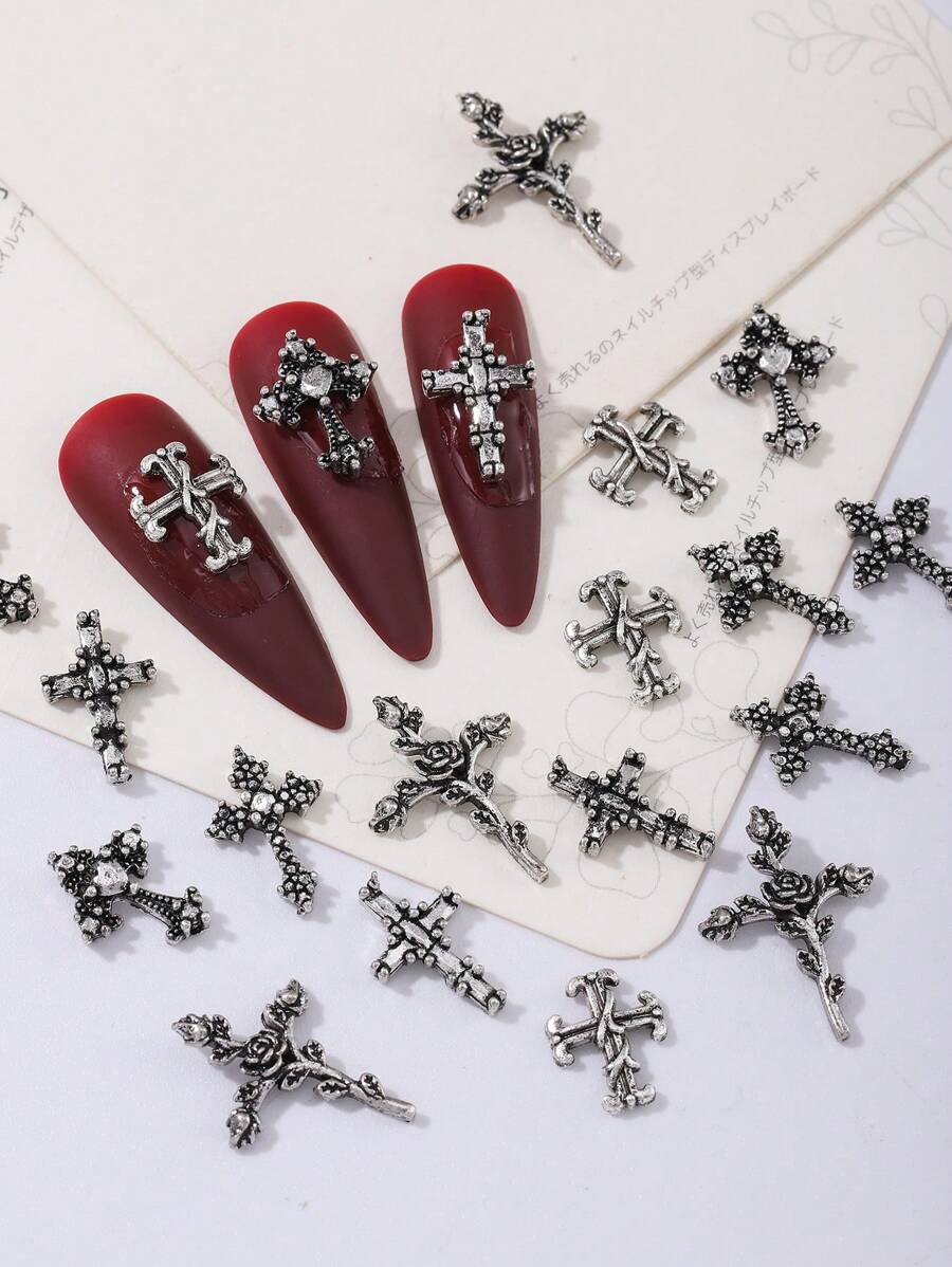 50pcs Ancient Silver Punk Crosses Nail Decoration Alloy Rhinestone Y2k ...