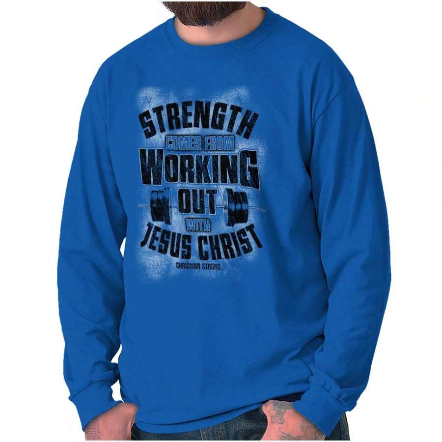 Working Out With Christ Strength Long Sleeve TShirt Men | SHEIN USA