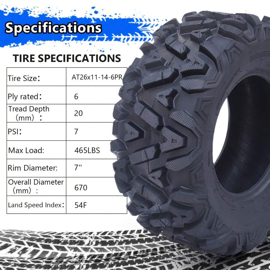 26x11-14 6PR TL UTV ATV Tire, Rim 14 * 7, OD 26in, SW 11in, Max Load 465lbs@7psi, All Terrain ...