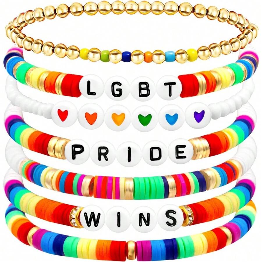 7pcs Pride Month Bracelet For Women Clay Bead Bracelet Heishi Surfer Bracelets Set Beaded ...