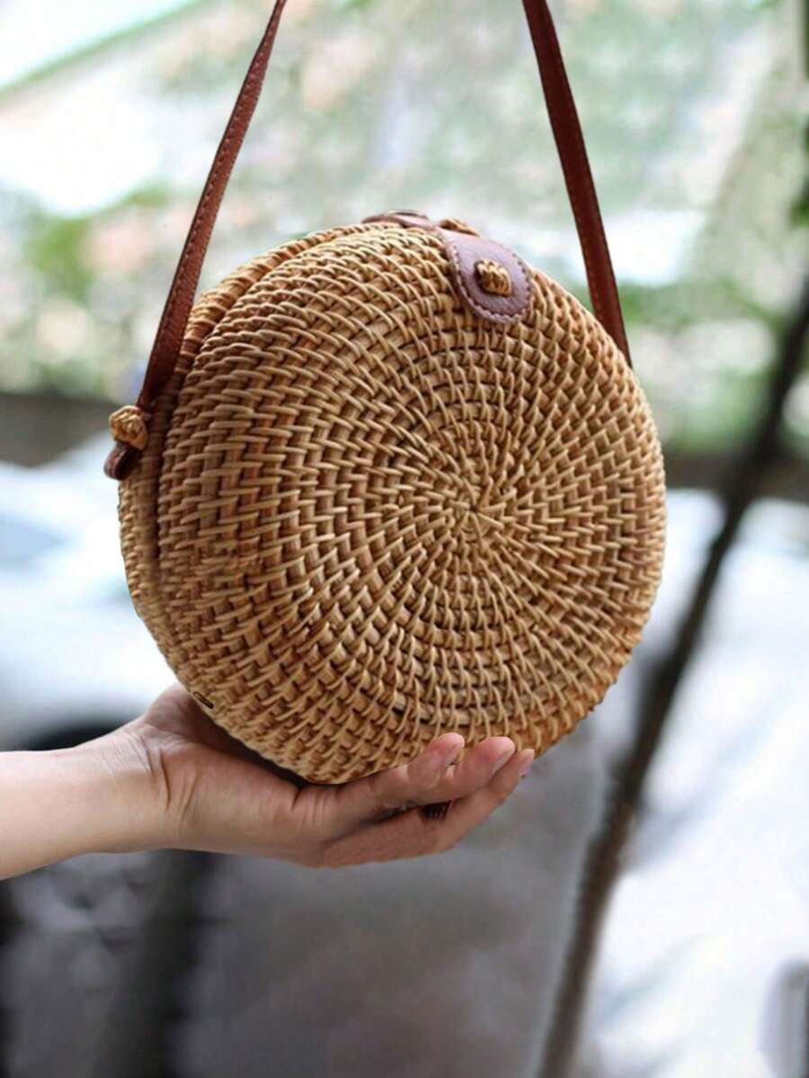 Mini Rattan Woven Round Hand Woven Straw Bag,Retro Style Crossbody Bag ...