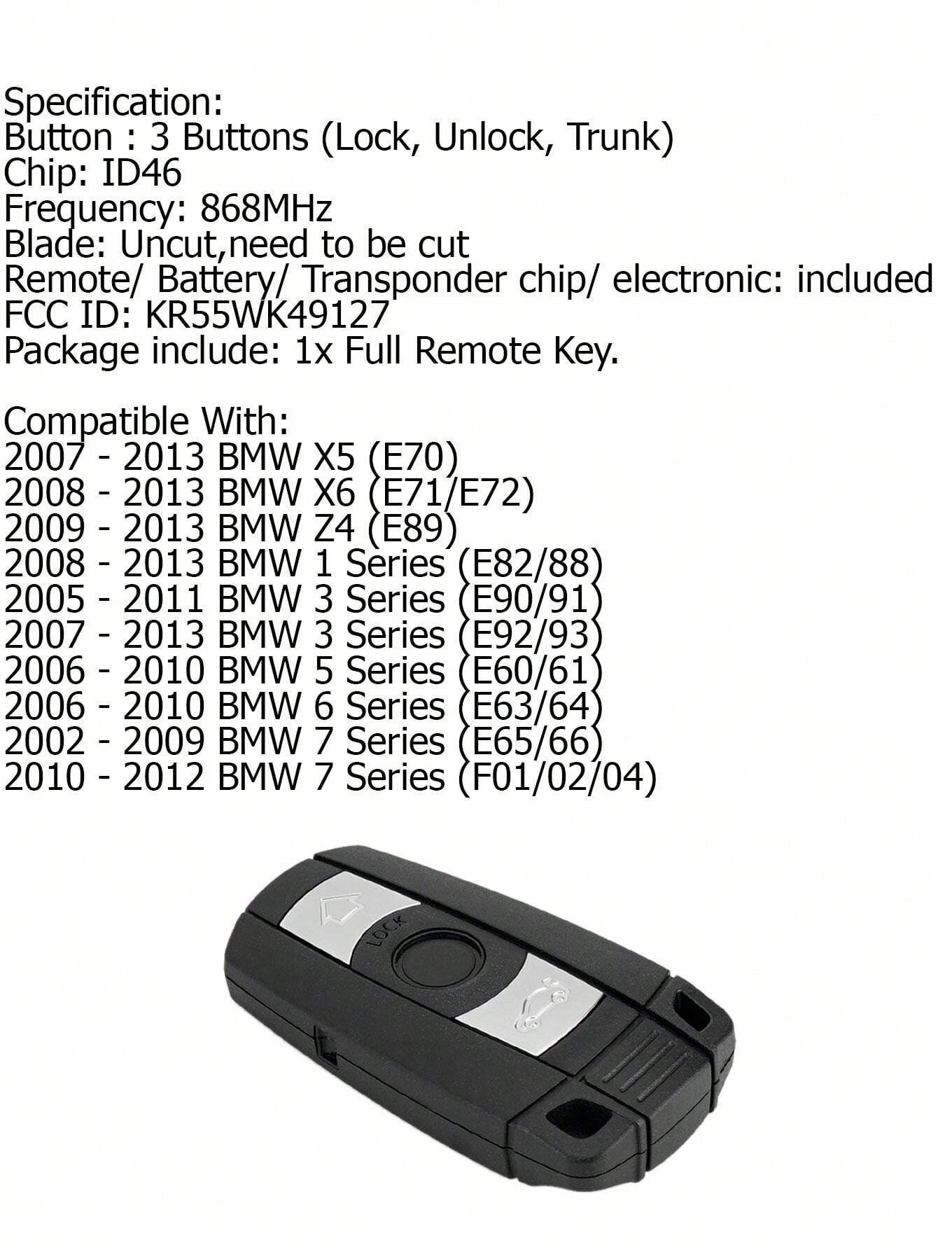 868MHz Remote Car Key Fob 3 Buttons For BMW 1 2 3 5 6 7 SERIES X5 X6 Z4 ...