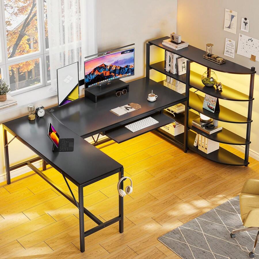 LED L Shaped Desk, Corner Gaming Desk With Storage Shelves, Keyboard ...