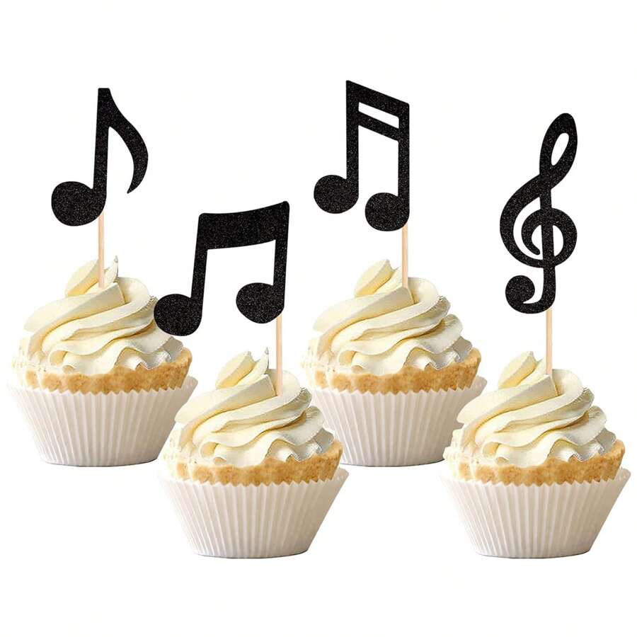 16 PCS Music Notes Cupcake Toppers Black Glitter Musical Symbol Cupcake ...