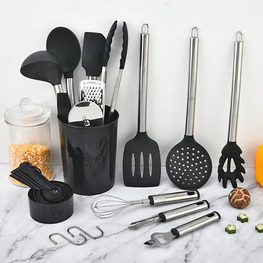 17pcs Silicone Stainless Steel Kitchen Utensil Set (With Storage Bucket ...