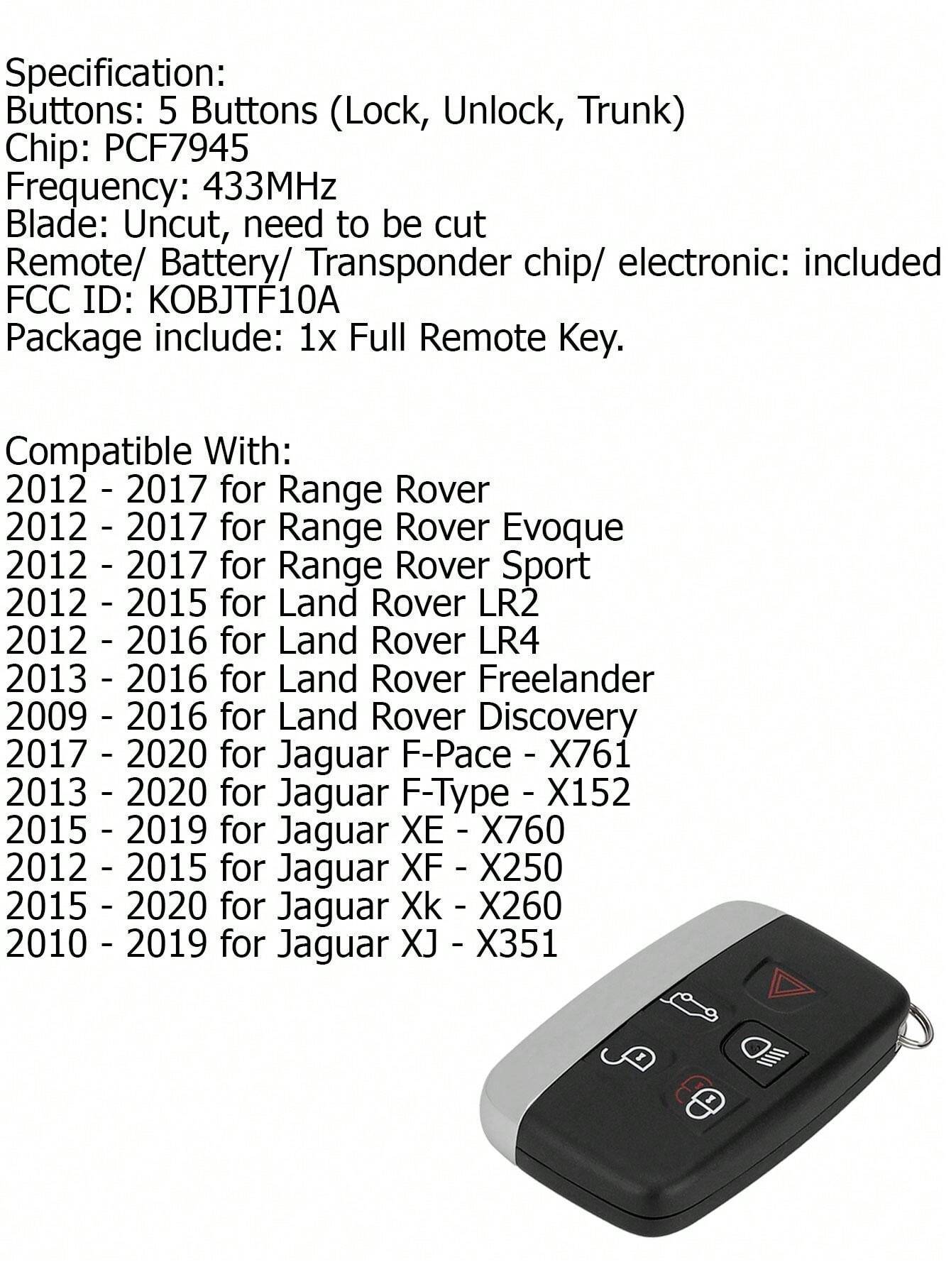 5 Buttons Smart Remote Control Car Key Fob 433MHz For Land Rover Evoque ...