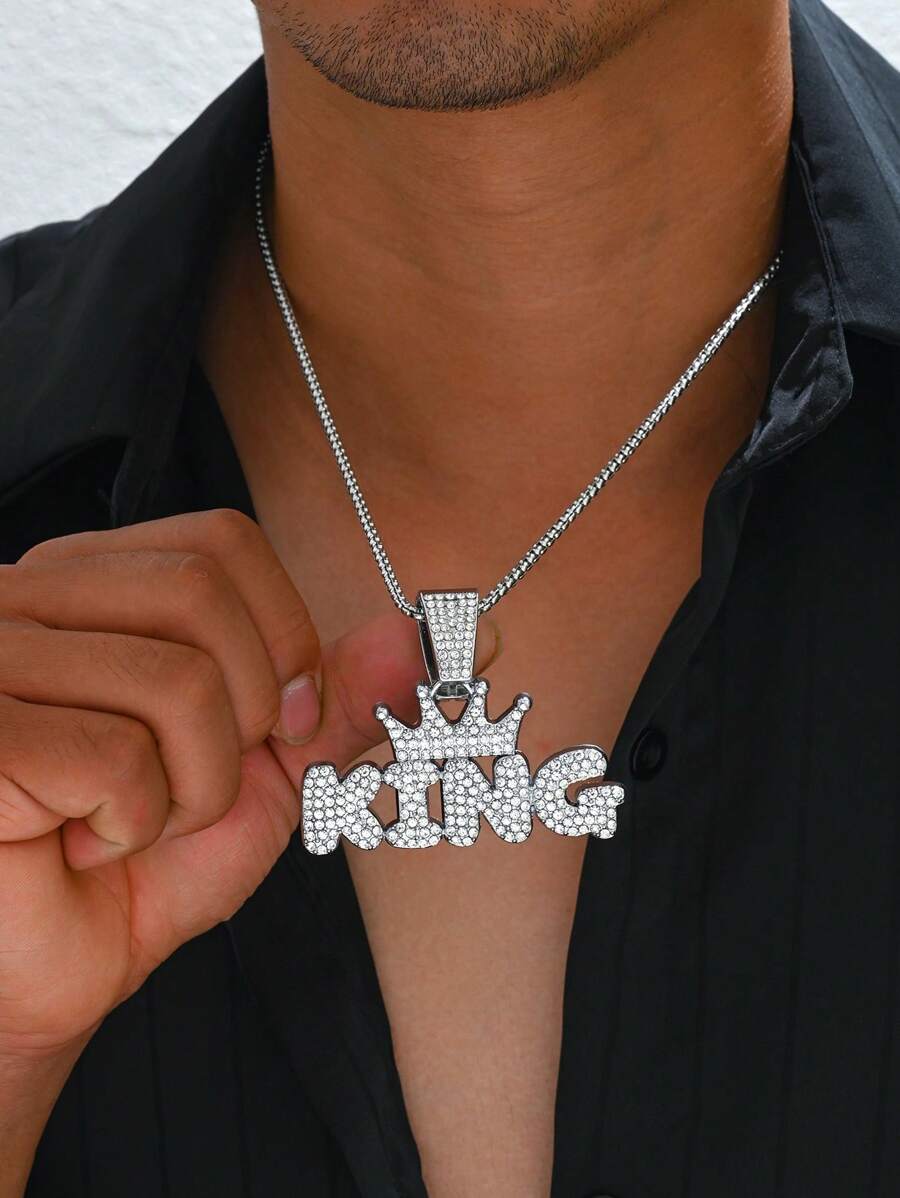 1 Pc Trendy Personality Men's Crown Letter KING Pendant Necklace ...