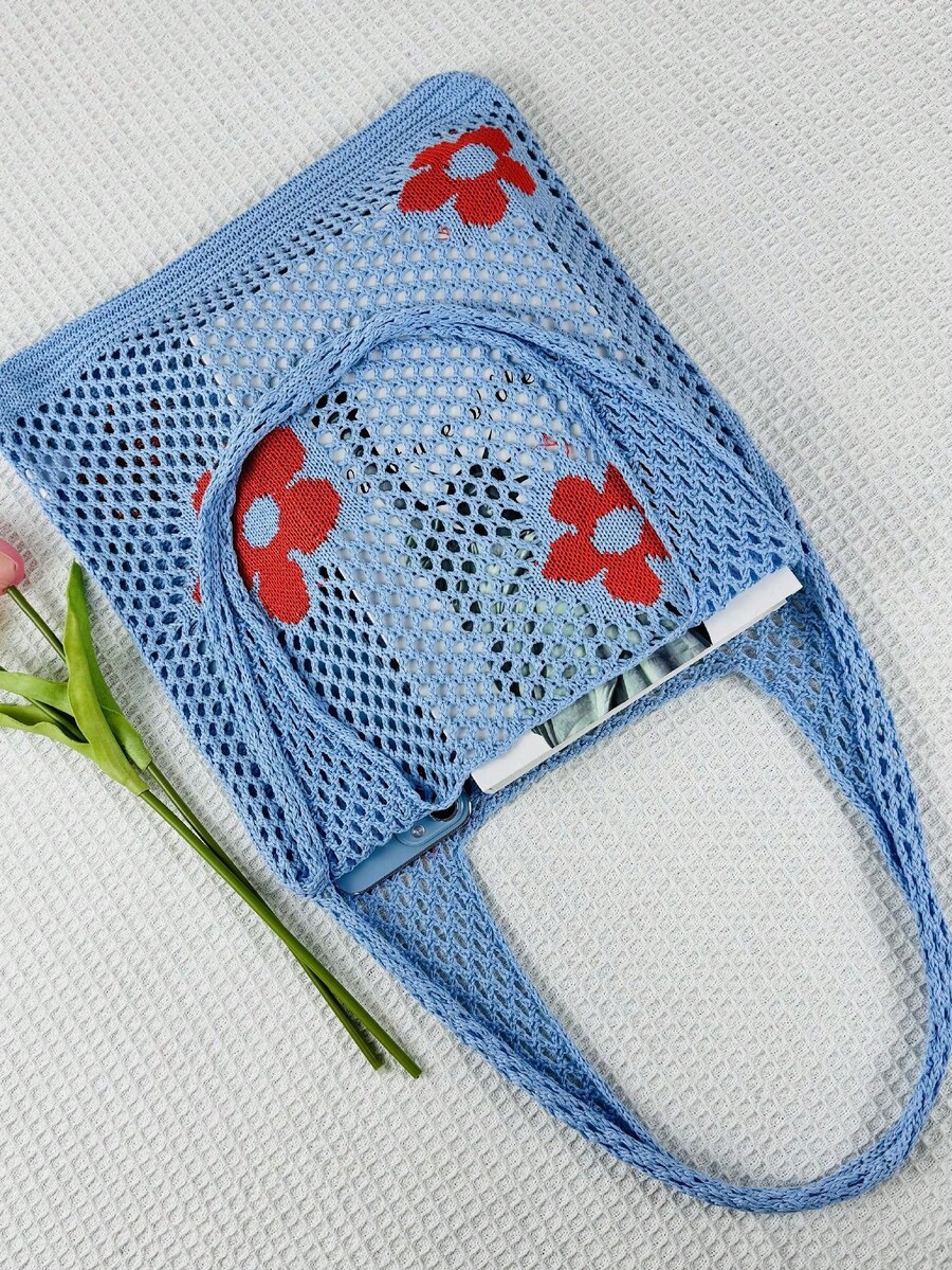 Crocheted Hollow Flower Beach Shopping Bag, Women's Shoulder Tote Bag ...