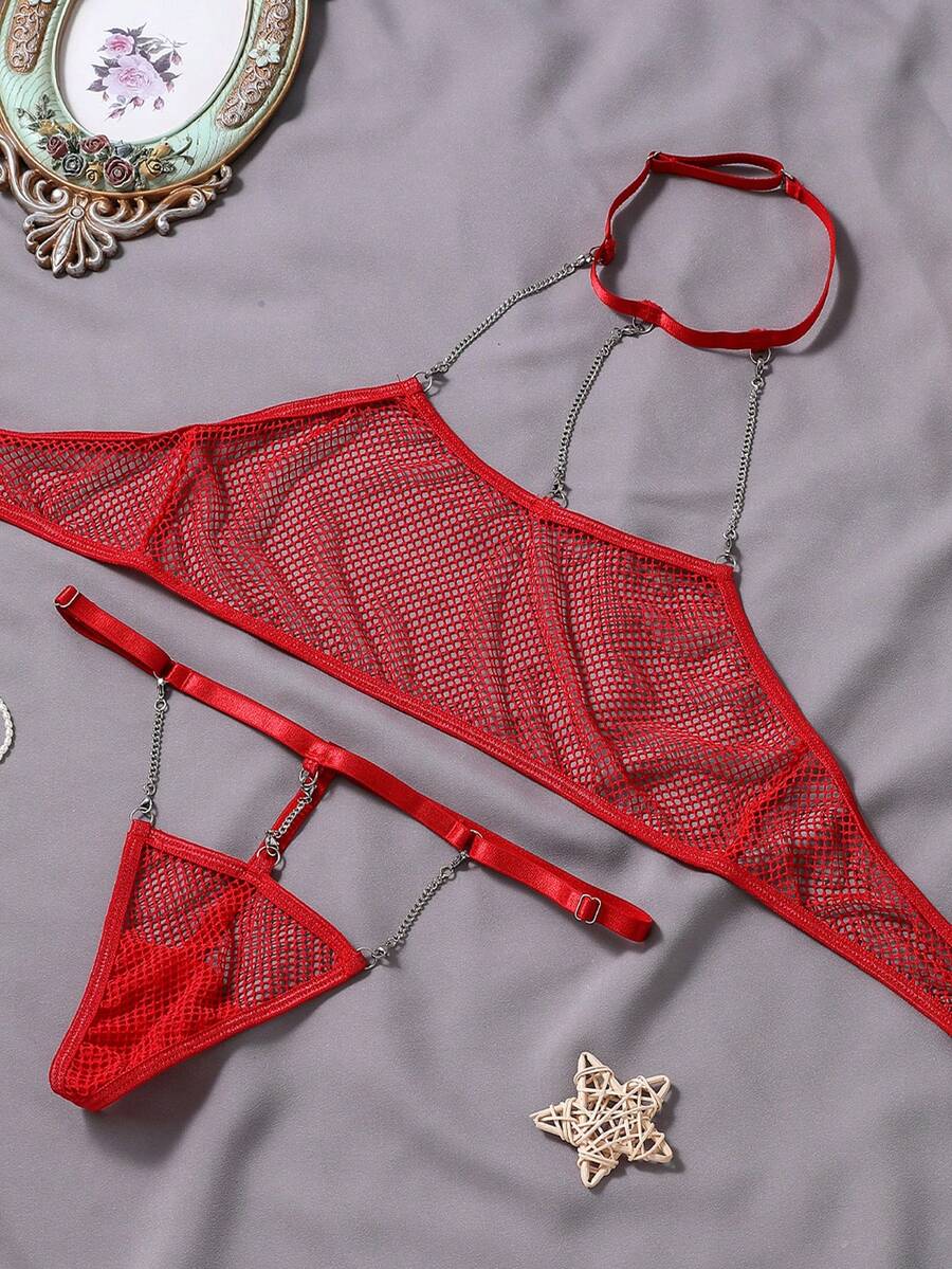 Sexy Fishnet Mesh See-Through Lingerie Set With Metal Chain, Women's ...