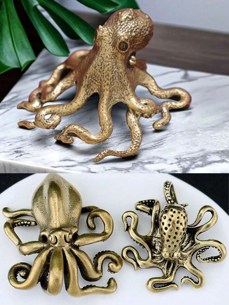 1pc Brass Octopus Sculpture, Antique Style Tea Pet Tabletop Decorative ...