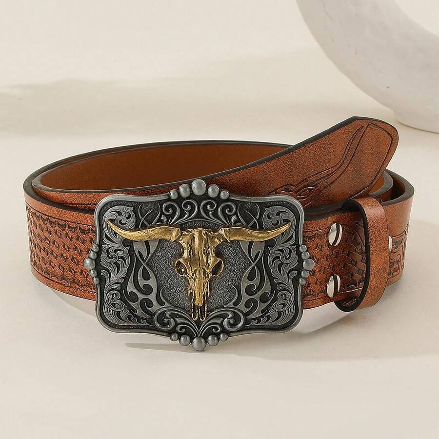 Western Style Men's Cow Head Buckle Embossed Cowhide Belt With Same ...