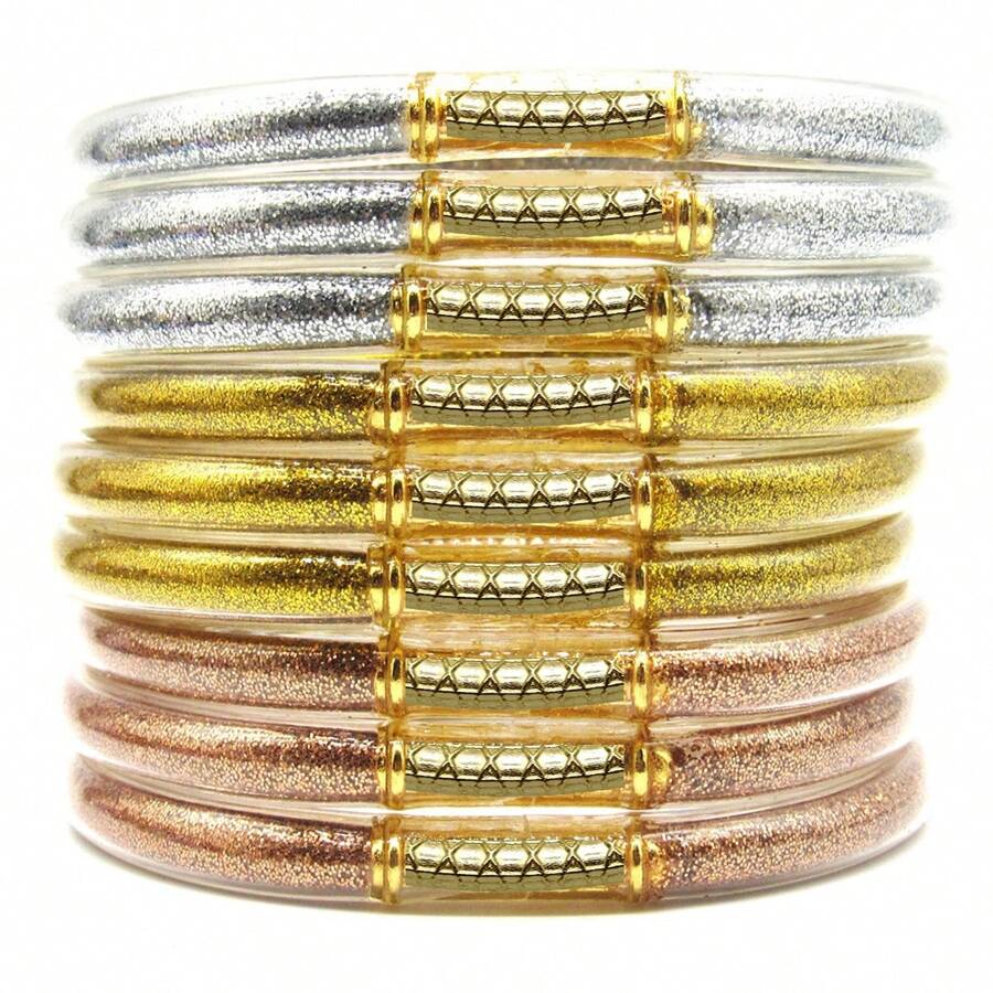 9pcs/Set Glitter Jelly Bangle With Gold Powder, Cute And Sweet Bracelet ...