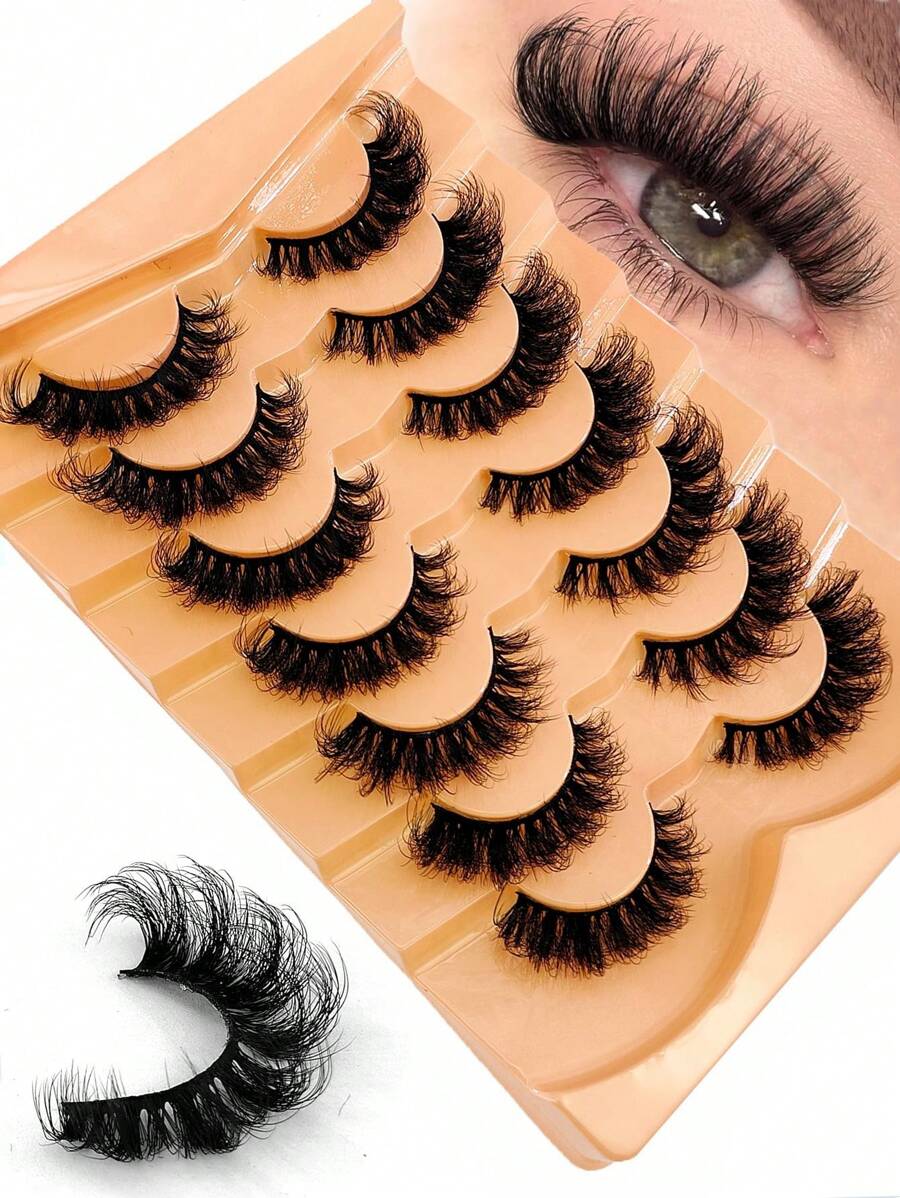 7 Pairs Russian Classic Mink Fur False Eyelashes, Natural D Curl Fluffy ...