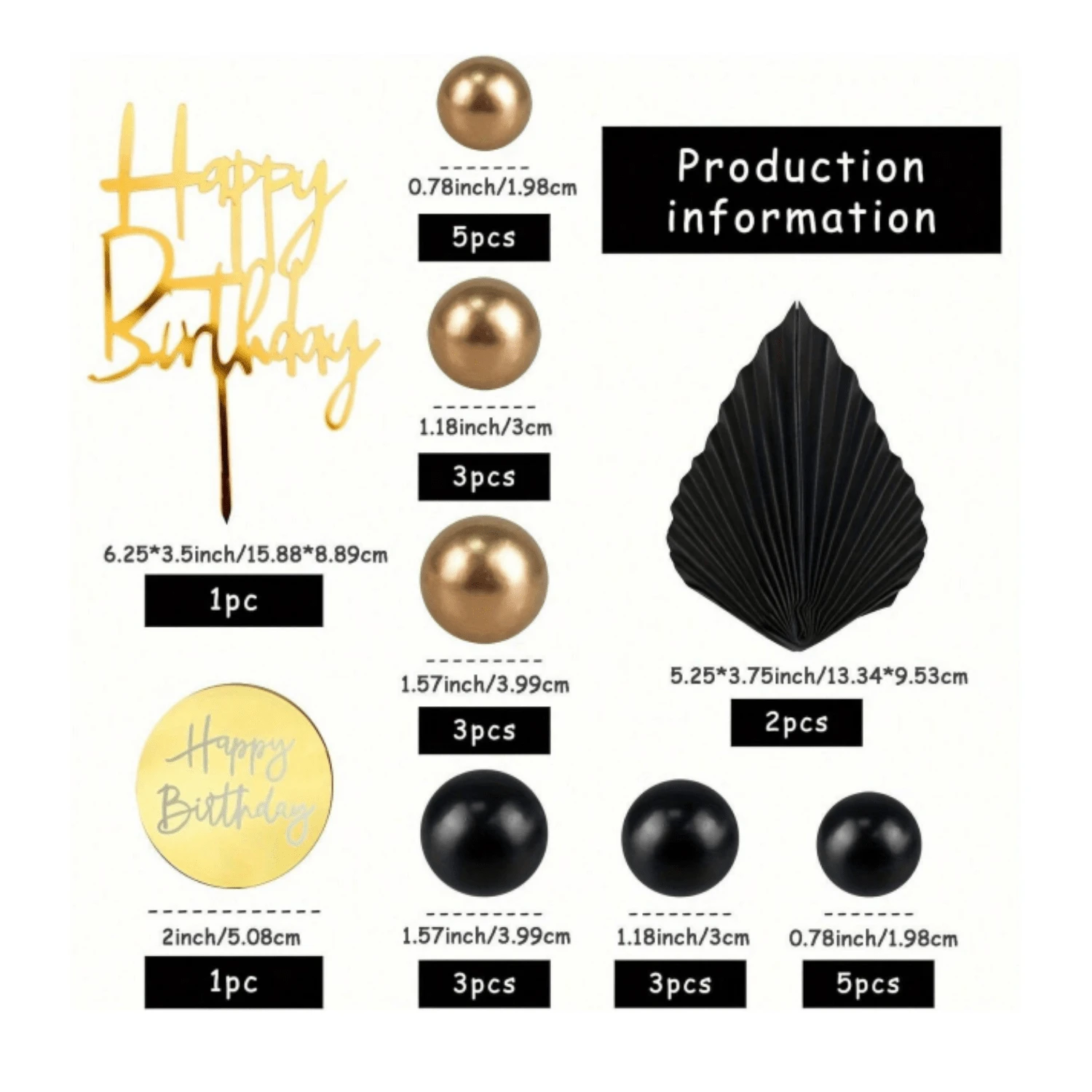 26pcs Black And Gold Cake Toppers, Boho Cake Topper, Balls Palm Leaves ...