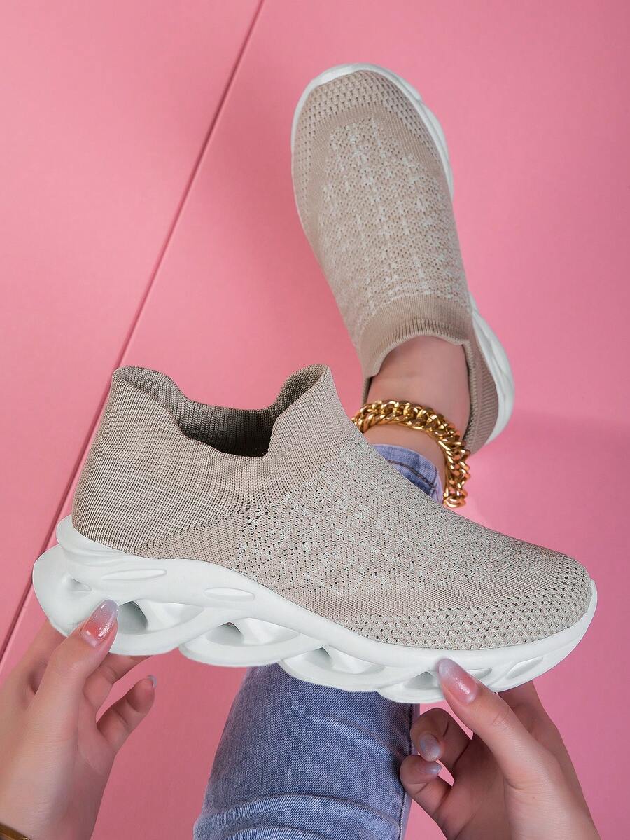 Khaki Lightweight Slip-On Sneakers For Women With Soft Sole, Shock ...