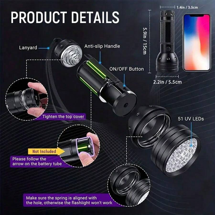 51 LED UV-zaklamp - Detector voor vlekken en bedwantsen voor huisdieren 3 * AA Werkt op ...