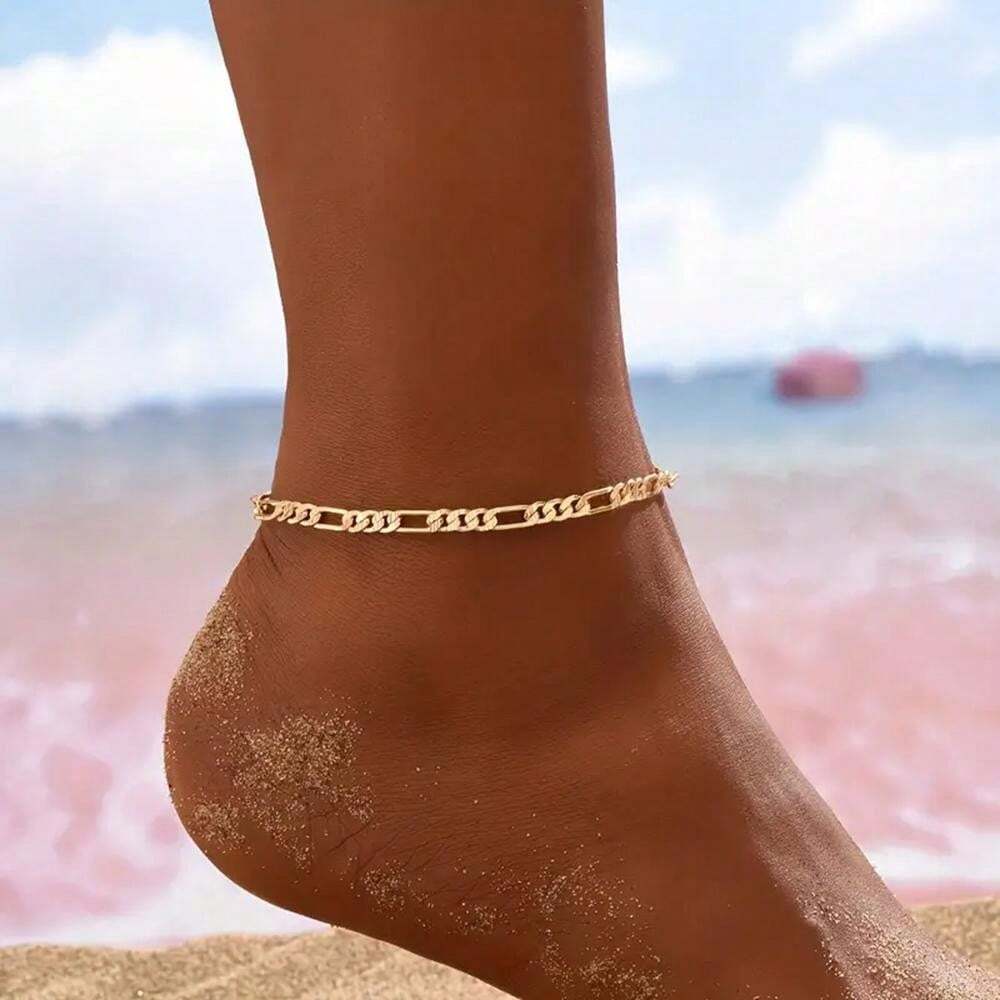 1 Minimalist Style Gold Color Chain Anklet Elegant Gold-Plated Beach ...